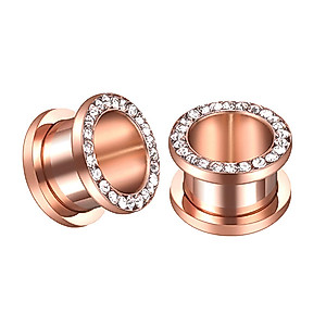 NewZenro Rose Gold Plated Crystal Rhinestones CZ Ear Tunnels Plugs Expander Gauges Stretcher Earrings Screw Stainless Steel Piercing Body Jewelry Personalized Gifts (2g(6mm))