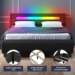 ZAFLY Modern Platform Full Bed Frame,Full Size Bed Frame with RGB LED Headboard,Wooden Slats Support/No Box Spring Needed/No Mattress,Black