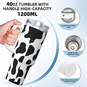 deaokluy 40 OZ Cowhide Print Ice Bully Cup with Handle Straw Lid, Double Wall Stainless Steel Tumbler Travel Coffee Cup, Black and White Insulation and Cooling Cup for Christmas Birthday Present
