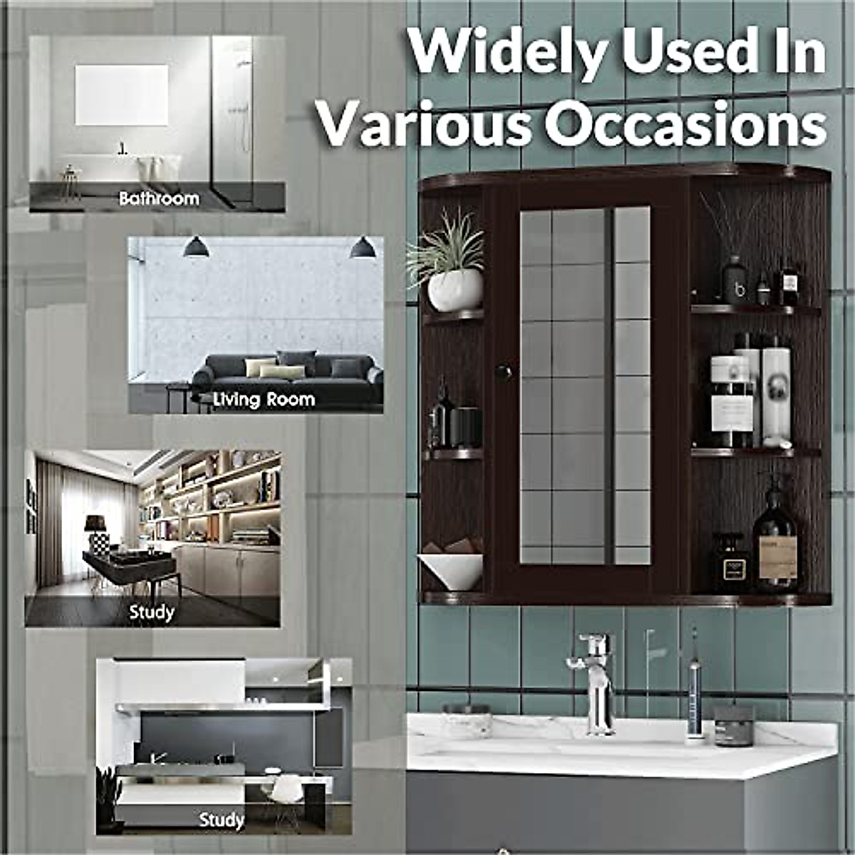 VIVIJASON Bathroom Wall Mounted Cabinet - Over The Toilet Space Saver Storage Cabinet - Medicine Storage Organizer - Bathroom Hanging Cupboard with Mirror Single Door and 2 Adjustable Shelves (Coffee)