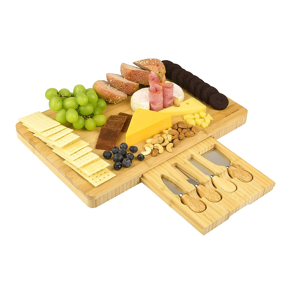 Gold Armour Cheese Board and Cutlery Set - Wooden Serving Tray with Slide-Out Hidden Drawer and Wide Juice Groves - Complete Charcuterie Board Set with Cheese Knives and Utensils