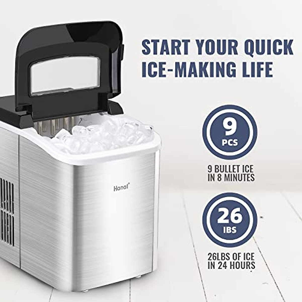 WANAI Ice Makers Countertop Portable Ice Machine 26.5lbs/24H 9 Ice Cubes in 6-8 Mins Electric Ice Making Machine with Ice Scoop and Basket L&S Bullet Sizes for Home Party Office Bar Camping RV