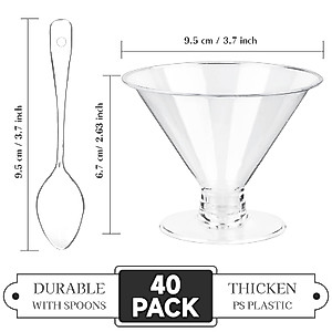 TOFLEN 40 Pack Plastic Martini Glasses 5 Oz Mini Dessert Cups with Spoons Reuasble Cocktail Shooters Clear Short Stem Shot Glasses for Party Wine, Desserts and Appetizers