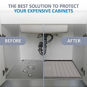 Welvet Under Sink Mat for Kitchen Waterproof 34”X22” Strong Under Sink Drip Tray, Holds Up To 3.3 Gallons water, Thick Cabinet Protector Liner for Kitchen & Bathroom, with Soap Dish & Sponge Brush