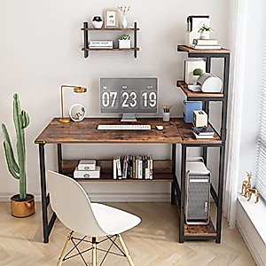 YQ JENMW Computer Desk with 4 Tier Shelves,43.3 Inch Study Table Desk with Storage Shelf,Study Gaming Storage Table Writing Desk with Bookshelf for Home Office Bedroom, Brown