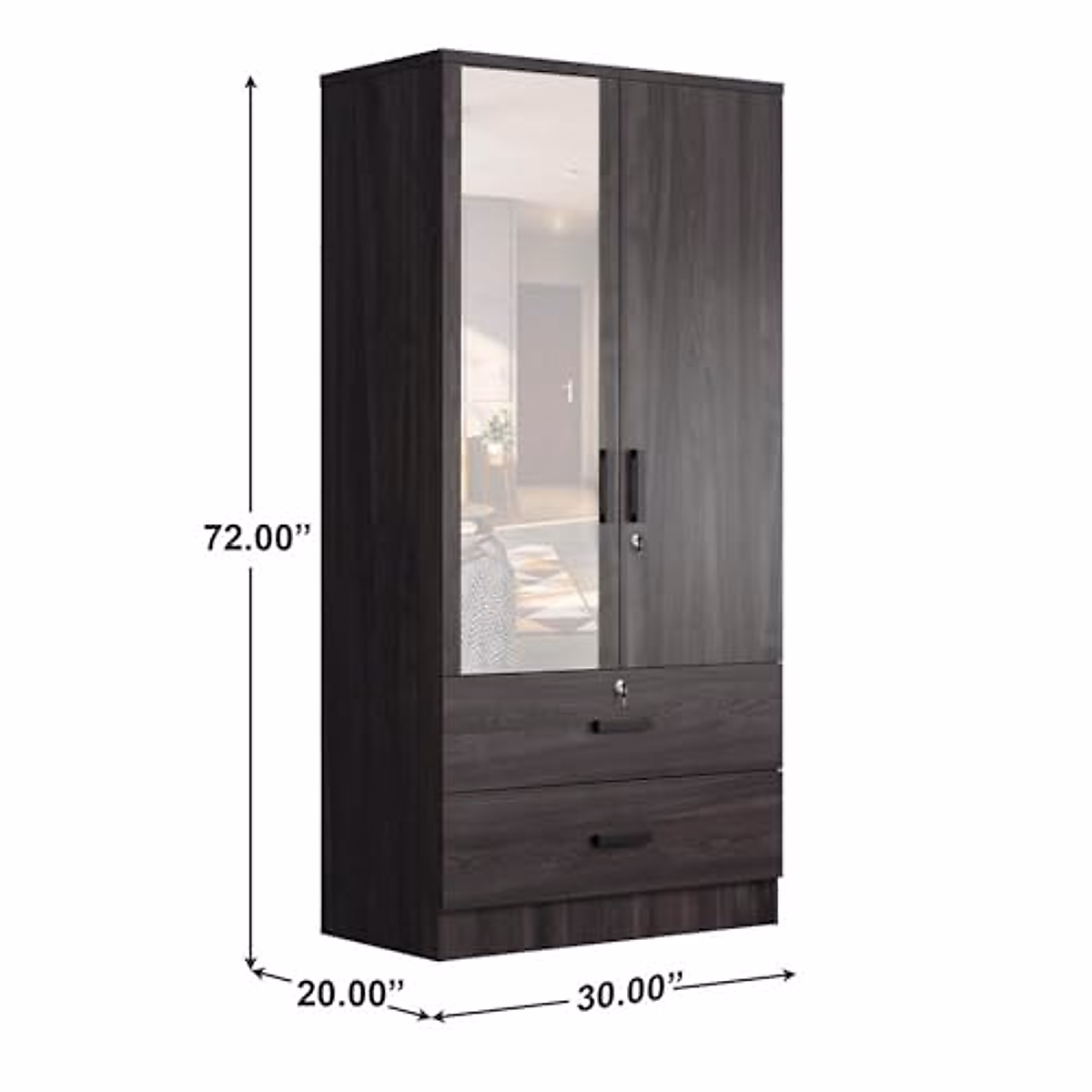 Better Home Products Carell Furniture Armoire Wardrobe with Mirror & Drawers in Tobacco