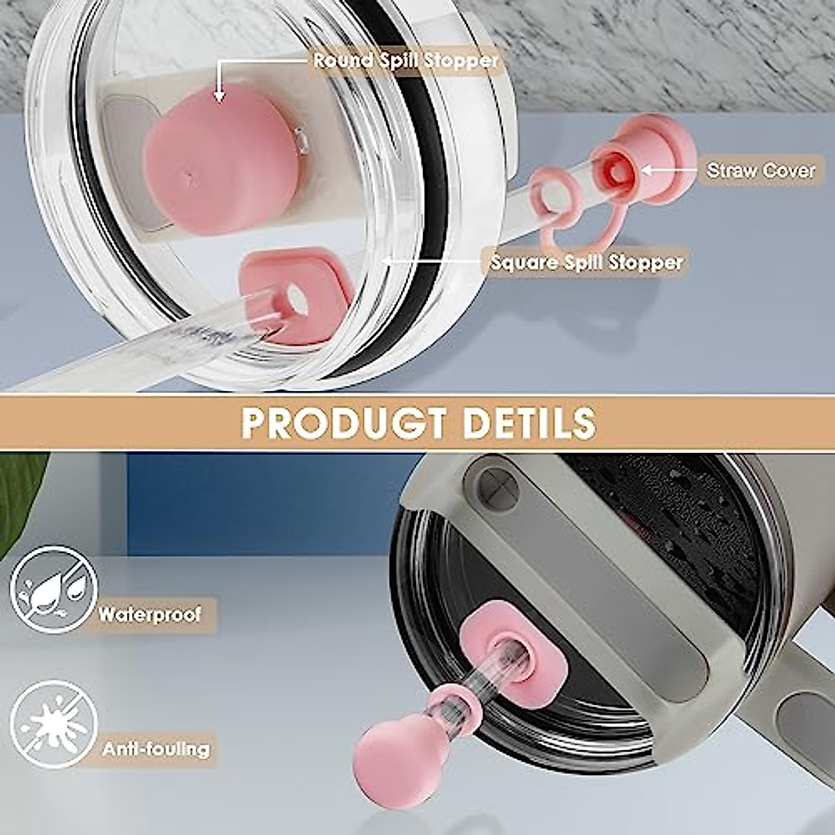 Neepanda 3set Silicone Spill Proof Stopper, Fit for Stanley Tumbler 1.0 and 2.0 version 30oz|40oz, with 2 Straw Cover,2 Round Leak Stoppers,2 Square Spill Stoppers, Stanley Cup Accessories(Pink)