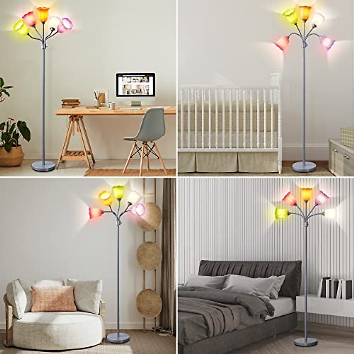 GyroVu Medusa LED Floor Lamp, Multi Head Modern Tall Lamp with Adjustable Gooseneck Standing Lamps Led Tall Lamp for Living Room Bedroom Kids Room Office 6 Color Lampshades Bulb Not Included Silver