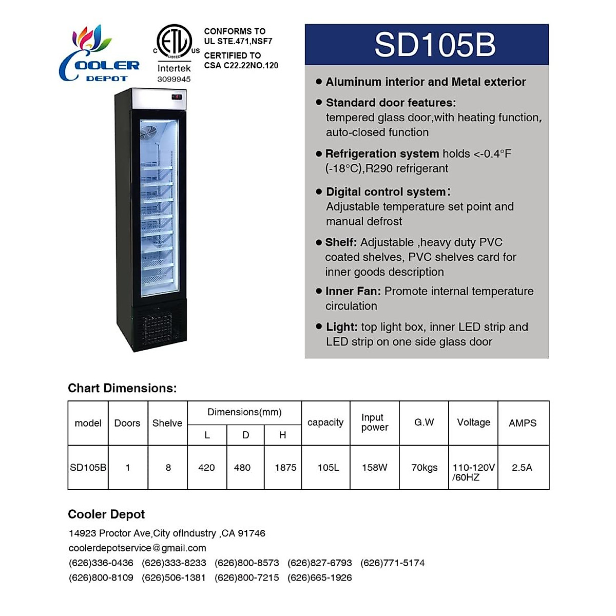 Commercial Freezer Glass 1-door 17" 105L Upright Narrow NSF -15°F to 5°F slim display merchandiser restaurant SD-105B