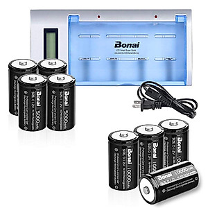 BONAI Rechargeable C Batteries 5000mAh 4-Counts with LCD Battery Charger for C D AA AAA 9V Ni-MH Ni-CD Batteries with D Cells 10,000mAh 1.2V Ni-MH High Capacity High Rate Battery 4 Pack