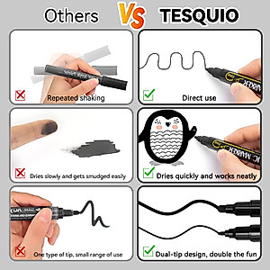 Tesquio Black Paint Marker, 8 Pack Dual Tip Acrylic Paint Pens, Ideal for Wood, Rock Painting, Canvas, Stone, Glass, Ceramic