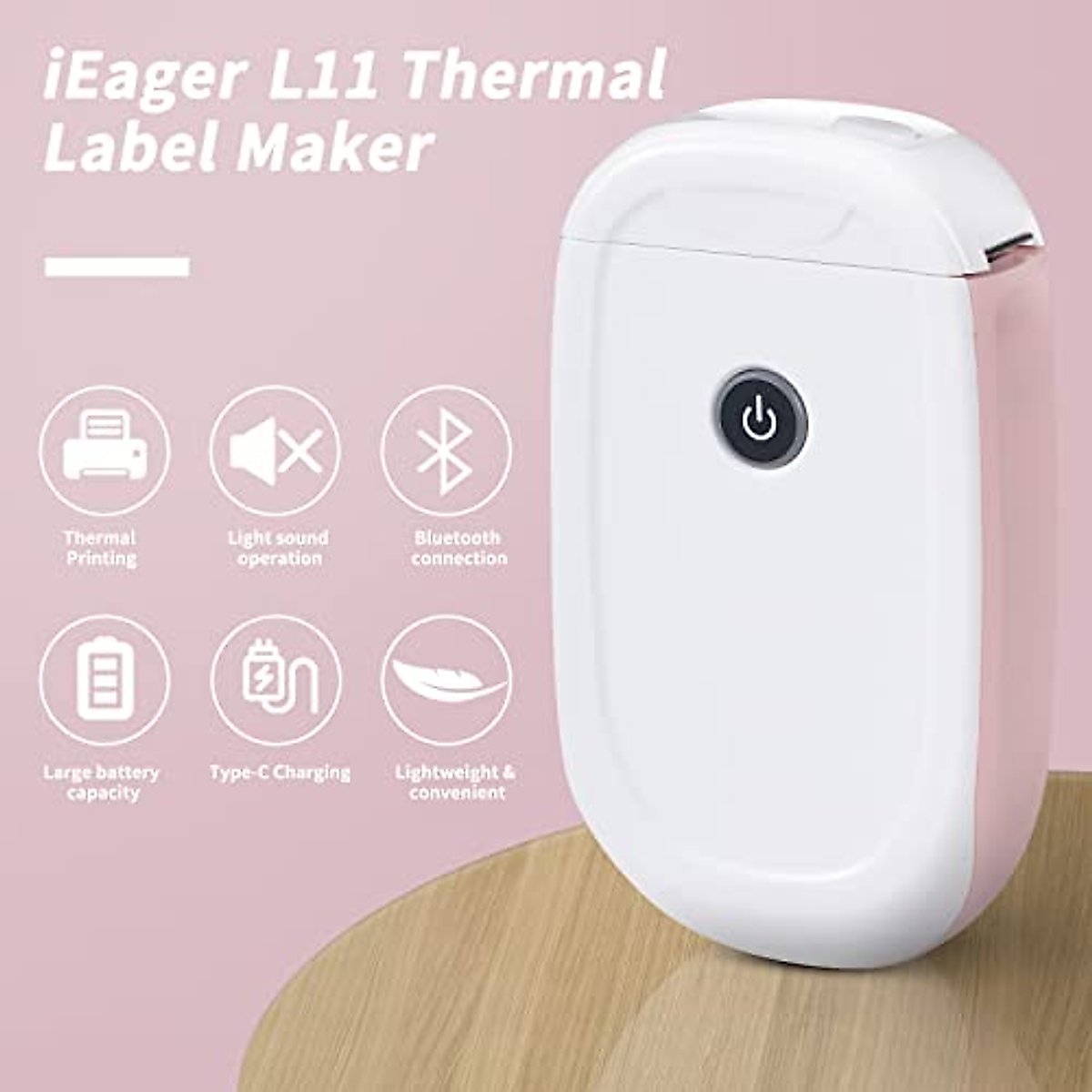 iEager L11 Portable Label Maker Machine, Wireless Mini Label Printer, White-Pink Thermal High Speed Printing Machine with Tape, Compatible with iOS & Android