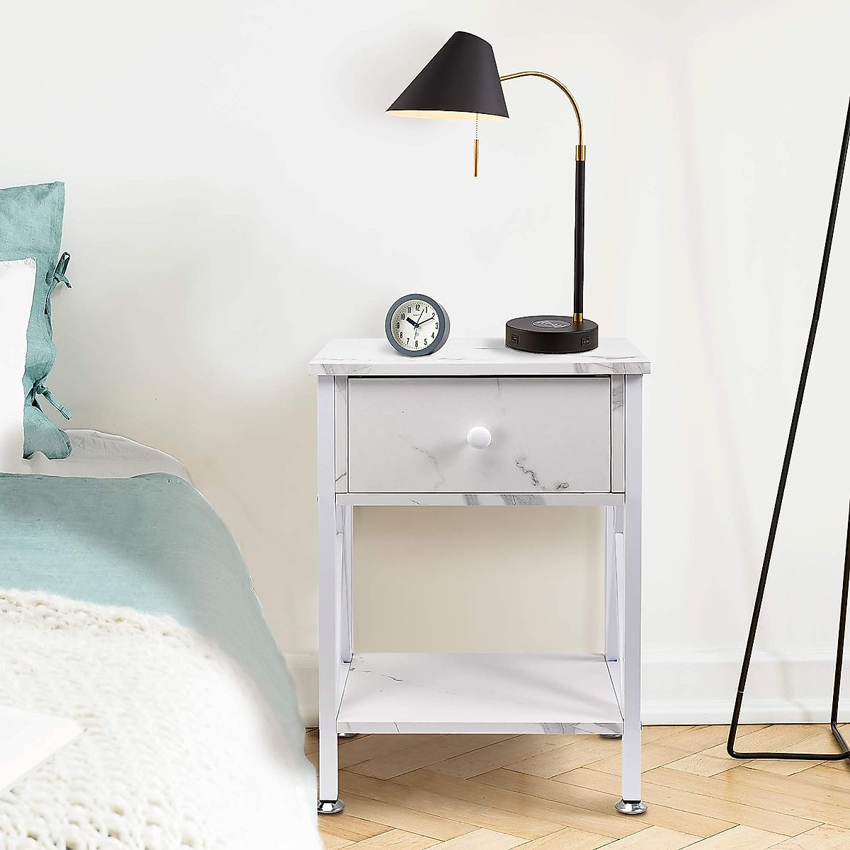 GOOD & GRACIOUS Nightstand End Side Table with Drawer Night Stand End Tables with Shelf for Living Room, Bedroom, Bed Side, Small Narrow Side Tables, Metal White