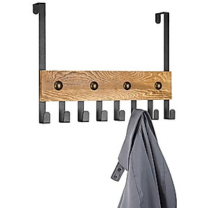 MyGift Burnt Wood Over The Door Hook Rack Bathroom Towel Rack with 8 Black Metal Hooks