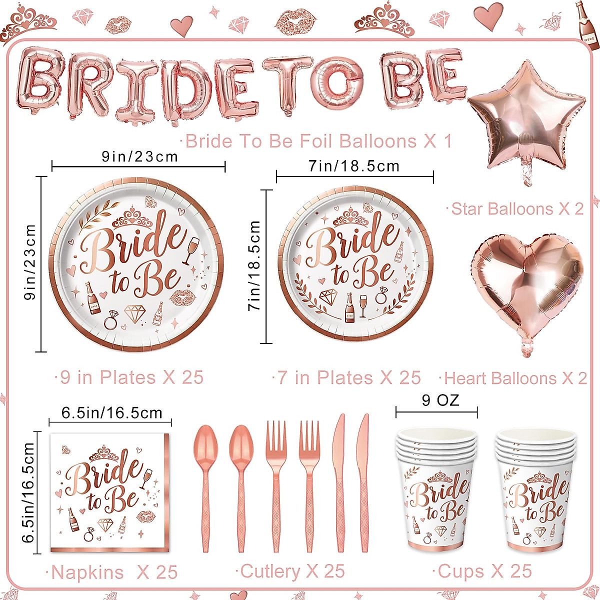 Bridal Shower Decorations - Rose Gold Bachelorette Party Decorations Set with Plates, Napkins, Cups, Cutlery, Bride to Be, Star, Heart Foil Balloons for Bridal Shower Decor, Serve 25