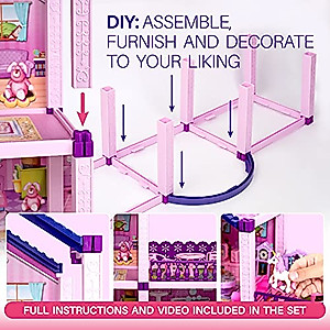 TOMLEON Dollhouse w/ Princesses, 4 Unicorns and Dog Dolls - Pink / Purple Dream House Toy for Little Girls - 4 Rooms w/ Garden, Furniture and Accessories - Girls Ages 3 - 6 (4 Princesses)