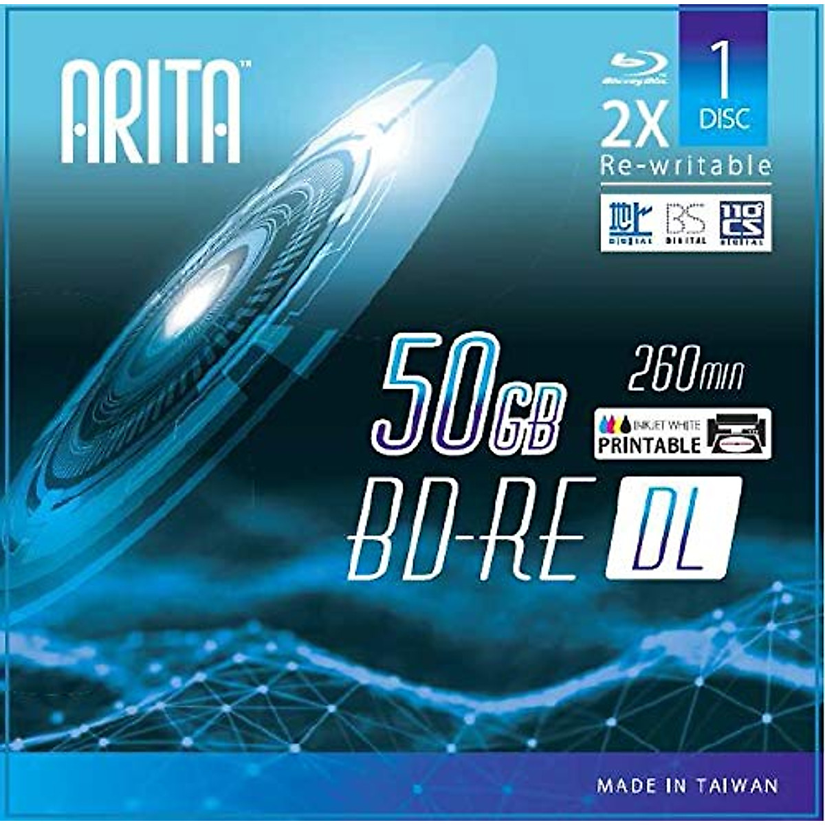 2 Pack Arita BD-RE DL Rewritable 50GB Double Layers 2X 260Min White Inkjet Hub Printable Blank Disc w/Jewel Case