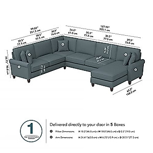 Bush Furniture Hudson U Shaped Sectional Couch with Reversible Chaise Lounge, 128W, Turkish Blue Herringbone
