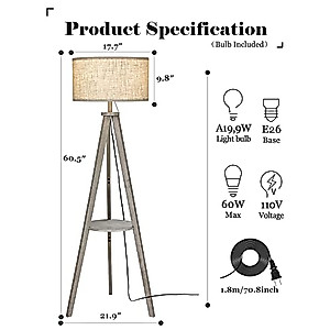 ELYONA Tripod Floor Lamp for Living Room Solid Wood Floor Lamp with Table - Farmhouse Shelf Tall Reading Standing Light with Drum Shade for Bedroom, Office, Study Room, 9W LED Bulb Included, Grey