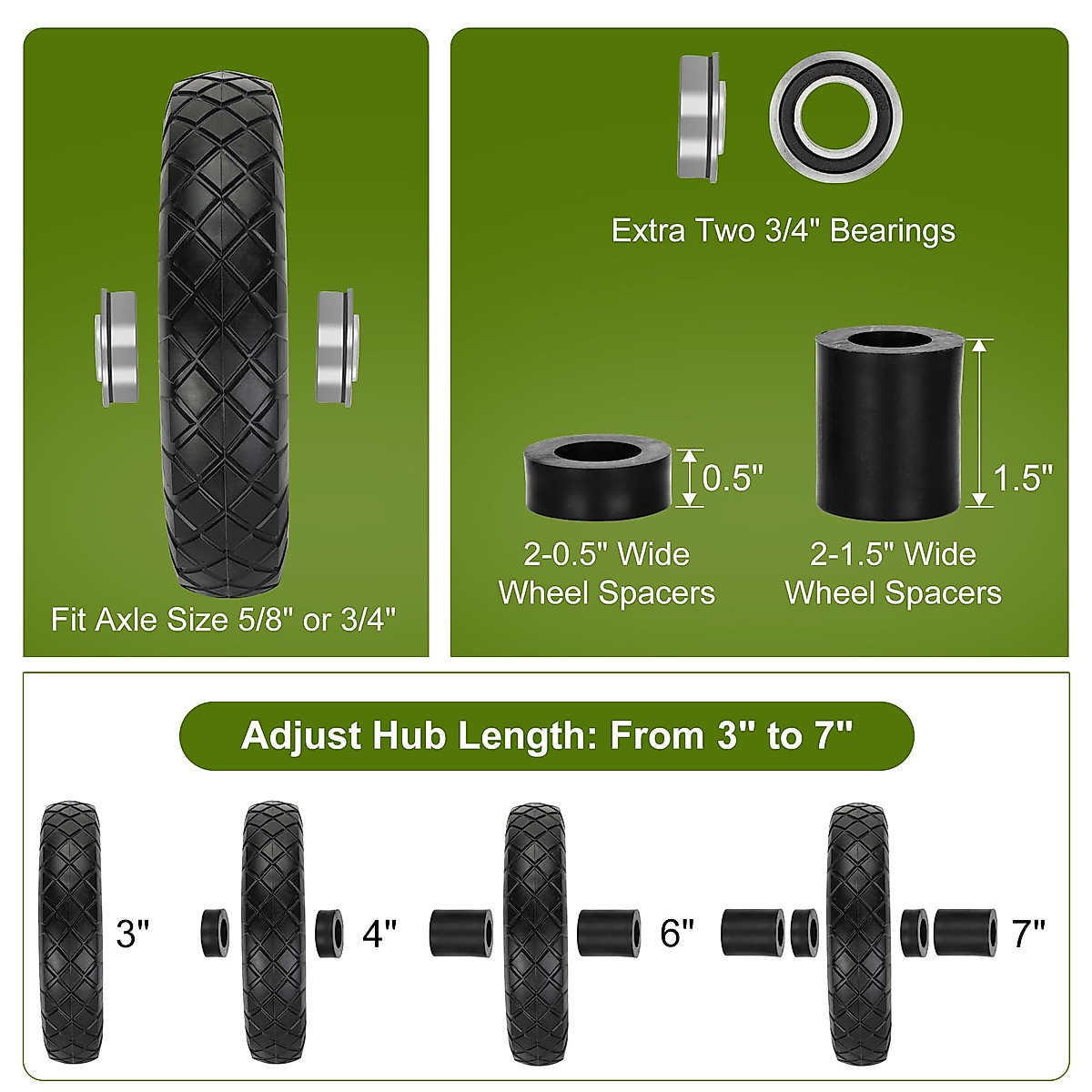 Pontuss Upgraded 16" Flat Free Wheelbarrow Wheels and Tires, 4.80/4.00-8 Solid Wheelbarrow Tires with 5/8"&3/4" Bearings,14"-16" Universal Fit Wheelbarrow Tires for Wheelbarrows/Garden Trailer