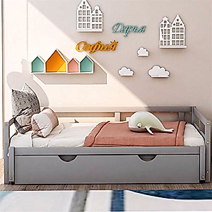 MERITLINE Daybed with Trundle,Twin to King Trundle Bed Extendable Design, Wooden Daybed/Sofa Bed for Bedroom Living Room,No Box Spring Needed,Grey