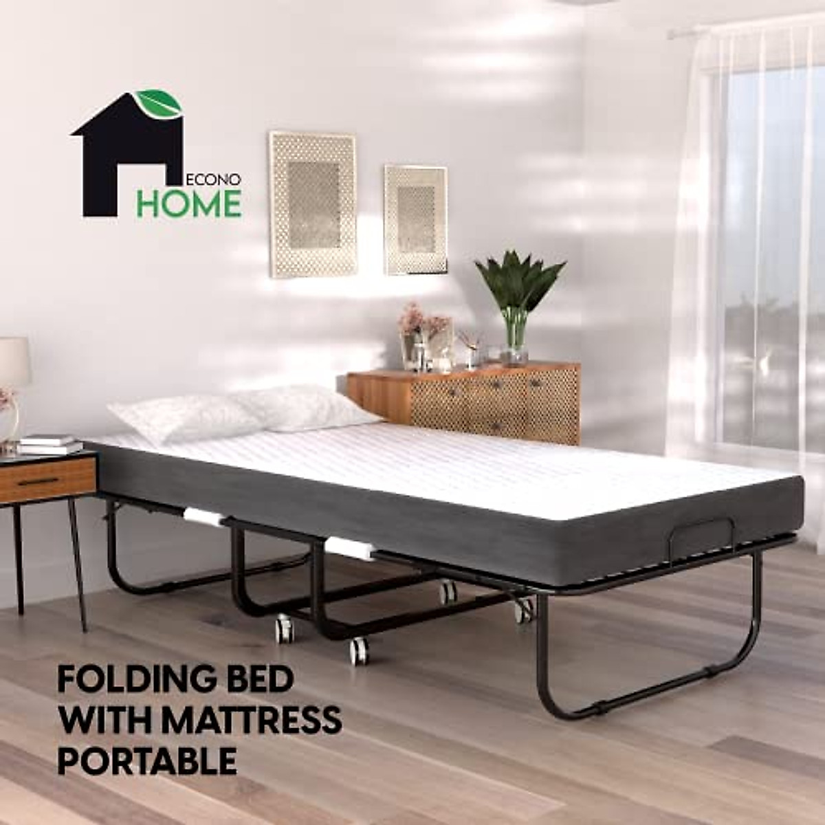 EconoHome Folding Bed with Mattress - 75x38 Twin Size Bed Frame - Portable Foldable Roll Away Adult Bed for Guest - 5-inch Thick, Memory Foam, Twin - Space Saving Fold Up Bed for Easy Storage