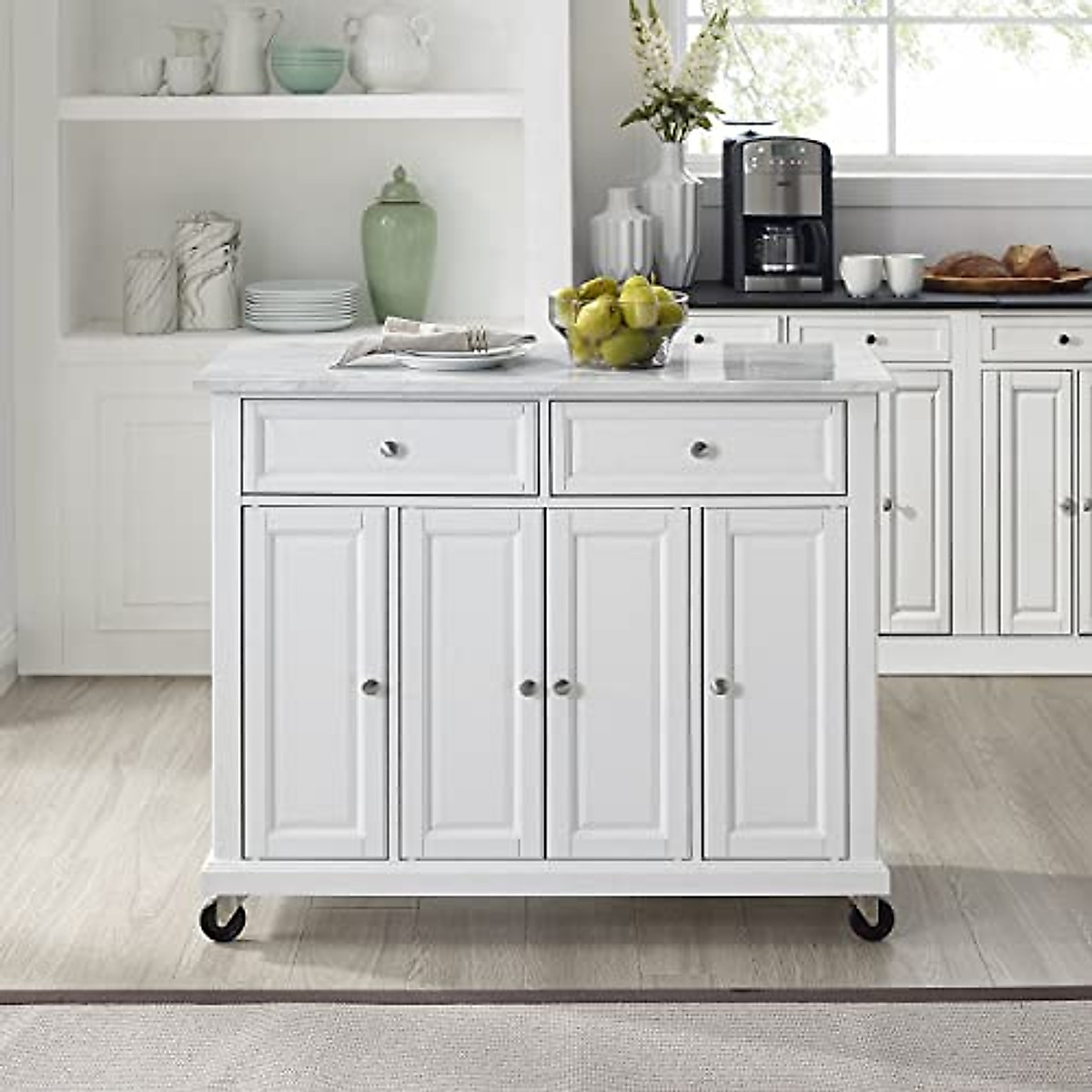 Crosley Furniture Avery Rolling Kitchen Island Storage Cart with Shelves, Microwave Stand, Coffee Bar, Distressed White