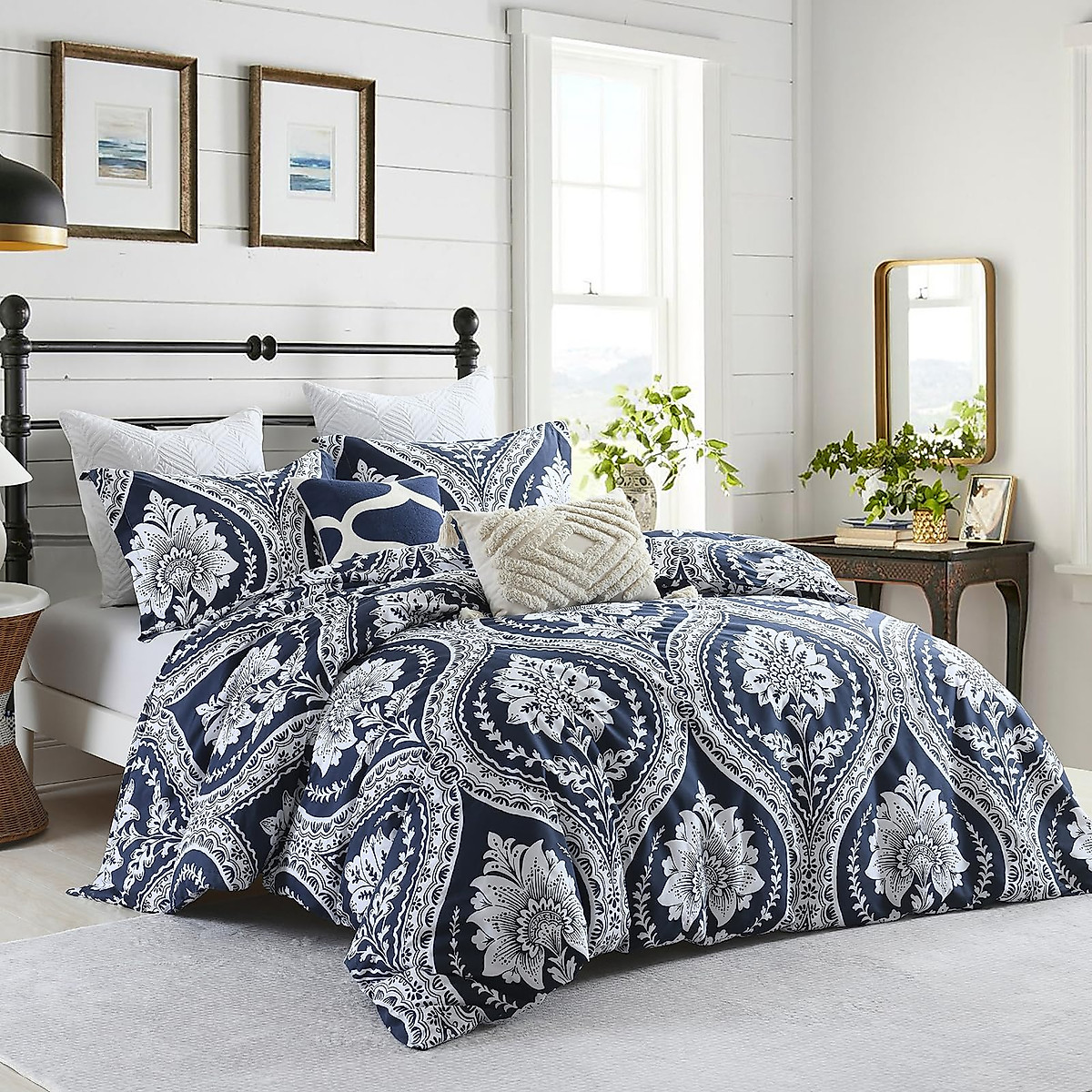 Bedduvit Cotton Duvet Cover Queen - Navy Blue Damask Queen Duvet Cover Set,Breathable Minimalism Damask Patterned Duvet Cover Queen with Zipper Closure & 8 Ties (90"x90", No Comforter)