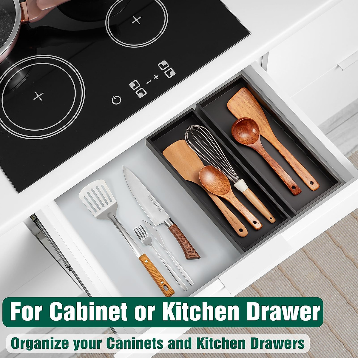 15" Large Bathroom Vanity Tray for Counter , Wooden Storage Tray for Kitchen Drawer, Office, Pantry, Coffee Bar, Black Toilet Tank Tray for Back of Toilet Topper, 2 Pack