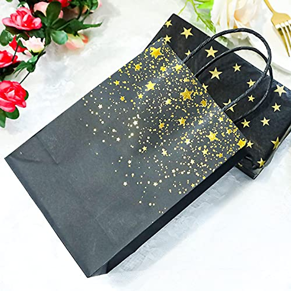 Sharlity Small Black Gold Gift Bags 24pcs Paper Bags with Handles for Birthday, Wedding, Bridal, Black and Gold Party Decorations (8.5 x 6.3 x 3.15inch)