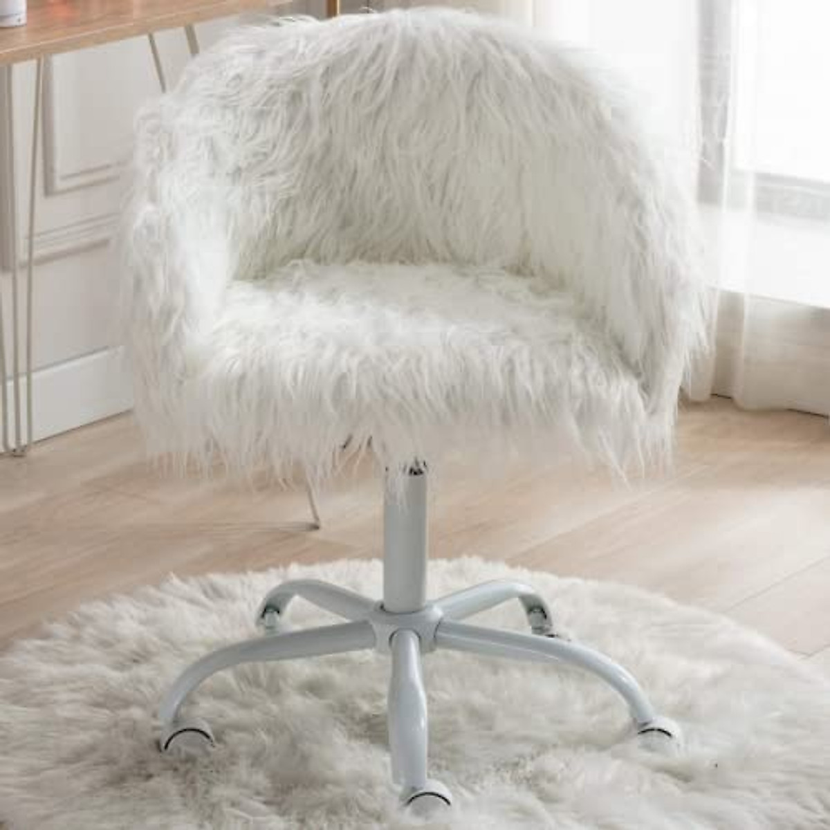 Cute Fluffy Desk Chair Rolling Vanity Chair with Back Faux Fur Home Office Chair with Wheels Adjustable Height Armchair for Teens Adults Study Room Bedroom, White