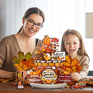 16 Pcs Fall Tiered Tray Decor Pumpkin Gnome Truck Wooden Signs Fall Table Decorations Centerpieces Farmhouse Thanksgiving Decor for Home Autumn Harvest Table Shelf Decor