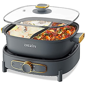 Dezin Hot Pot Electric with Divider, 5L Double-Flavor Electric Shabu Shabu Pot, Removable Non-Stick Dual Sided Electric Cooker, 3" Depth Divided Pot with Multi-Power Control, 2 Silicone Ladles Included