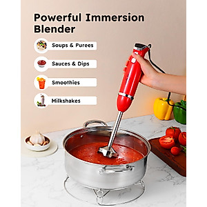 Sangcon Immersion Blender Handheld, 3-in-1 Hand Blender Electric, 400W Handheld Blender, Stainless Steel Blade Stick Blender with Whisk, Milk Frother Attachments - Red