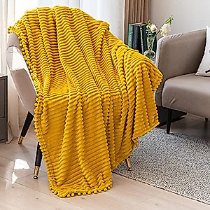 DISSA Fleece Blanket Throw Size – 51x63, Yellow – Soft, Plush, Fluffy, Fuzzy, Warm, Cozy – Perfect Throw for Couch, Bed, Sofa - with Pompom Fringe - Flannel Blanket Throw Blanket
