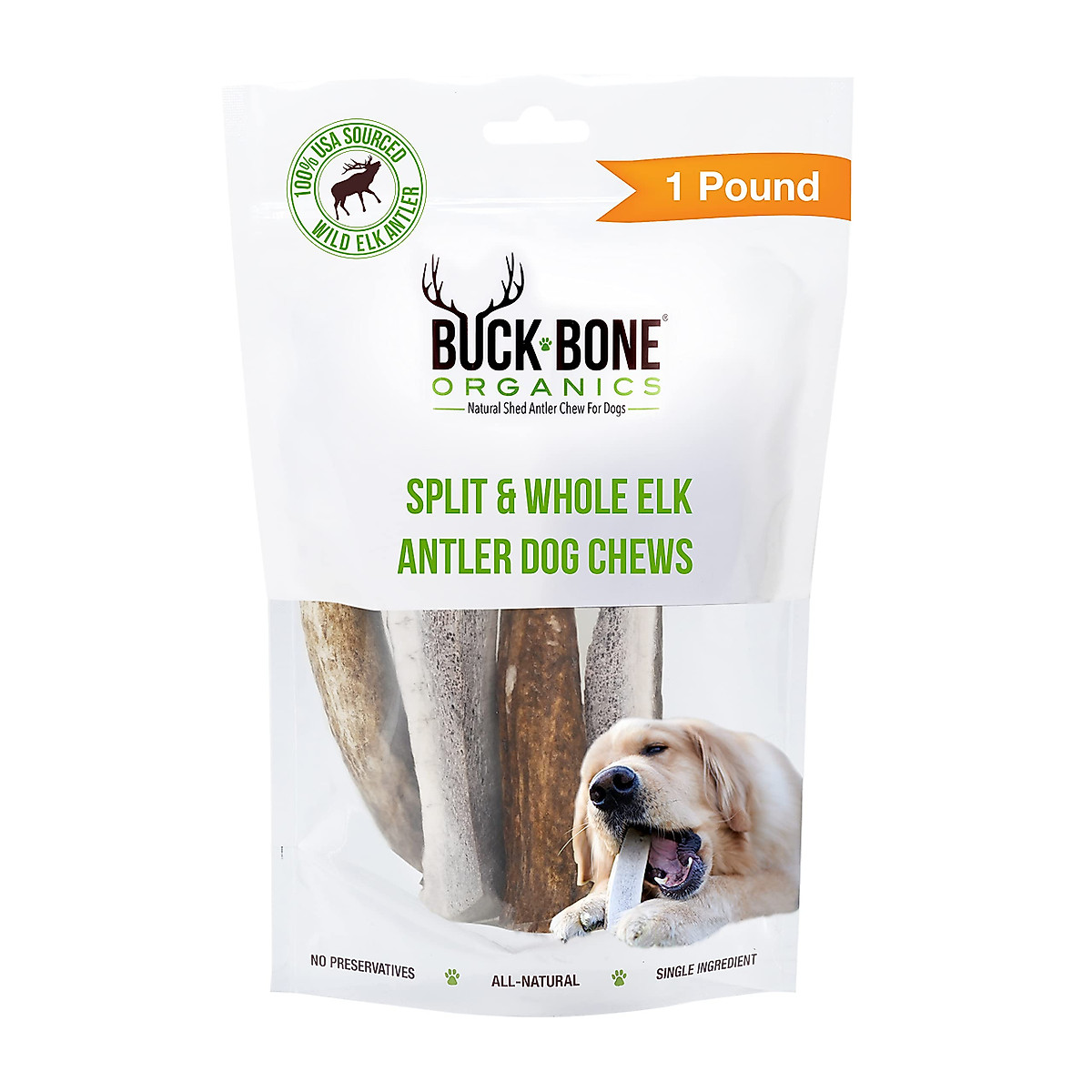 Buck Bone Organics Dog Chews, Elk Antlers for Dogs, Long Lasting Dog Bones for Aggressive Chewers, All Natural, No Preservatives, Wild Shed in The USA (1 Pound Bag)