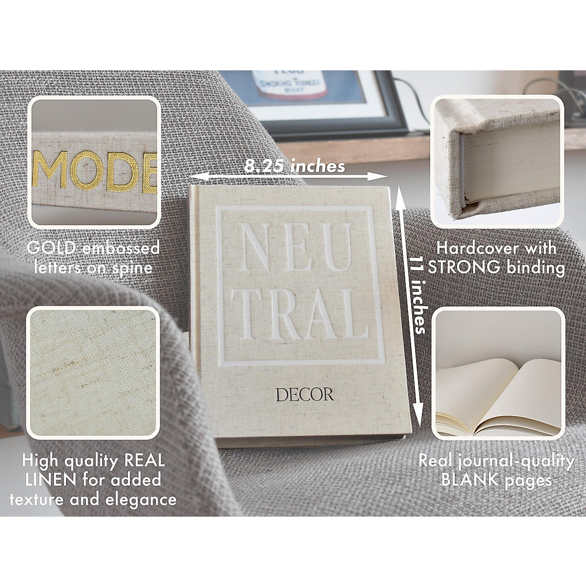 Kigan Home Linen Decorative Book - Real Hardcover Neutral Midcentury Modern - Wooden Bead Garland for Coffee Table Decor, Modern or Boho Home Decor, Shelves, Fireplace Mantel