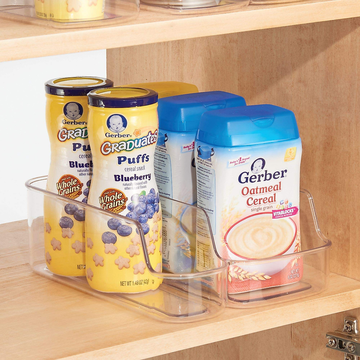 iDesign IDjr Storage Organizer with Two Compartments for Baby Bottles, Pouches, Food Jars for Pantry or Refrigerator - Clear