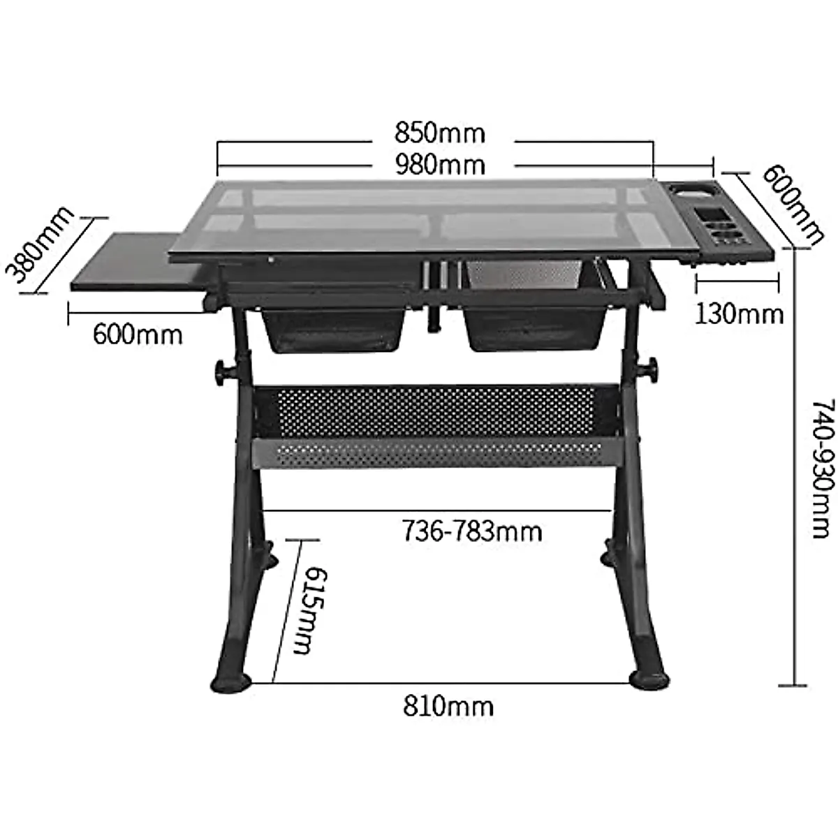 Adjustable Glass Drafting Table,Versatile Art Study Table,with Storage Drawers,Art Studio Design Sketching Painting Work Station