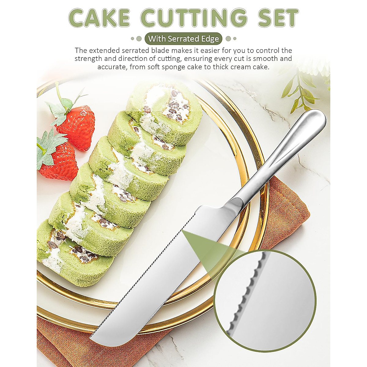 FTAKRY 2-Piece Premium Cake Cutting Set, Exquisite Knife and Server with Serrated Design, Includes Cake Knife and Pie Spatula for Pastry, Pizza and Desserts (Silver)