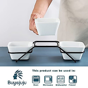Buyajuju 3 pcs square bowl Porcelain Chip & Dip Serving Set with Black Metal Stand, 4.5inch White Small Serving Bowls for Side Dishes, Salsa, Appetizer, Serving Dishes for Entertaining