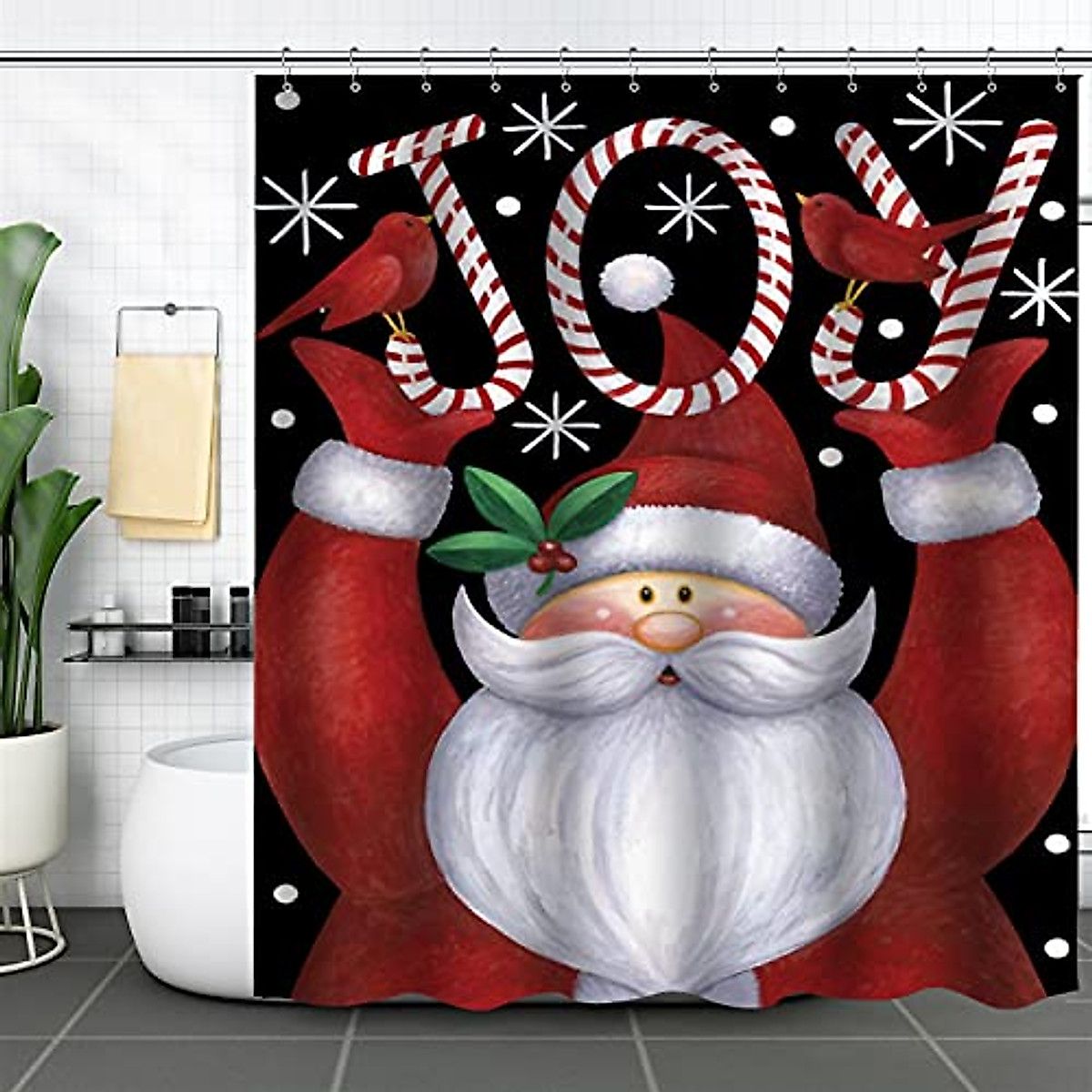 4Pcs Xmas Merry Christmas Shower Curtain Set with Non-Slip Rugs and Toilet Lid Cover Winter Holiday Santa Claus Fabric Shower Curtain Bathroom Decor with Hooks Waterproof Washable 72" x 72''