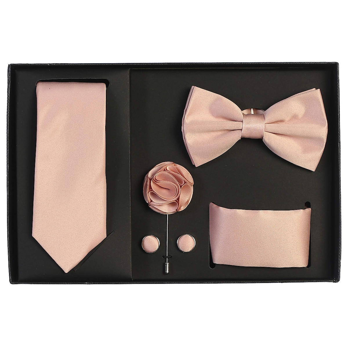 Men's Premium Neck tie Bow Tie Pocket Square Lapel Pin Cufflinks Gift Set For Suit & Tuxedo - Many Colors (Dusty Pink/Rose Gold New)