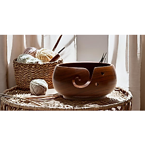 Vriksha Kraft Yarn Bowl with Crochet Hook Holder (7x4) – Wooden Large Knitting Bowl for Yarn – Free Pouch Bag – Knitting Gifts for Women and Knitters