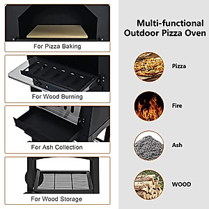 Wood Fired Outdoor Pizza Oven for Outside，Large Pizza Oven with 4 Steel Pizza Grill，Freestanding Steel Oven with 2 Wheels for Kitchen BBQ Backyard Party
