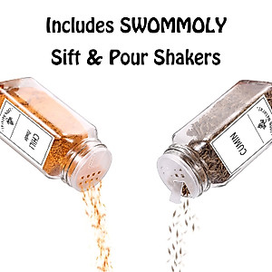 SWOMMOLY 36 Glass Spice Jars with 806 White Spice Labels, Chalk Marker and Funnel Complete Set. Square Bottles 4 oz Empty Spice Containers, Airtight Cap, Pour/sift Shaker Lid