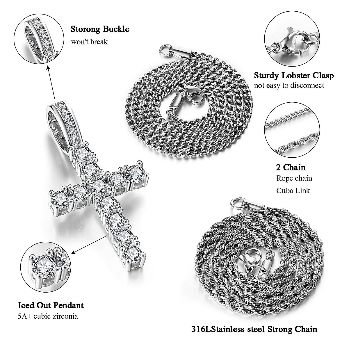 GEMOSA Cross Chain for Men 14K Gold Silver Plated Solid Iced Out 5A+ Cubic Zirconia Stainless Steel Cuban Link rope Layered Chains 1624 Inch Large Cross Diamond Pendant Nceklace for Women Boys Girls