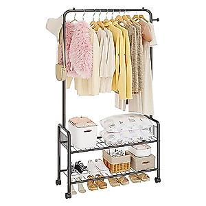 JIUYOTREE Rolling Clothes Rack 35.4 Inches Freestanding Metal Clothing Rack with 2-Tier Storage Racks Garment Coat Rack with Wheels for Clothes Shoes Hats Bags Black