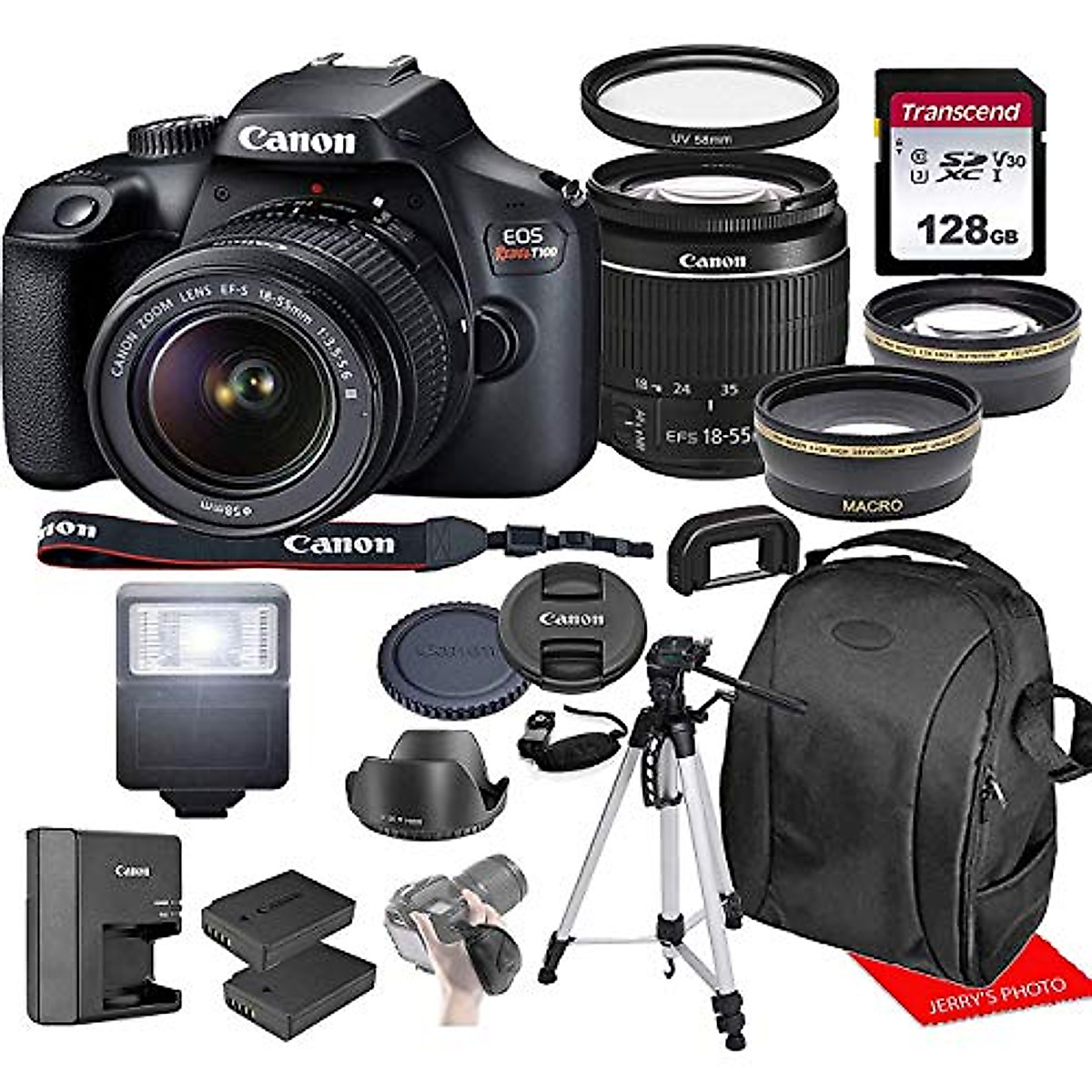 Canon Rebel T100 w/Canon EF-S 18-55mm F/3.5-5.6 III Zoom Lens & Professional Accessory Bundle W/ 128GB Memory Card & Back-Pack Case & Spare Battery & More (Renewed)