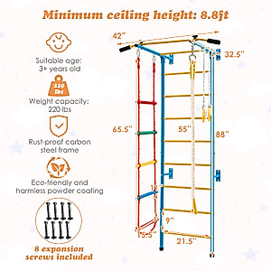 Costzon 5 in 1 Climbing Toys for Toddlers, Indoor Kids Gym for Exercise, Steel Ladder Wall Set with Wall Ladder, Pull-up Bar, Climbing Rope and Gymnastic Rings, Climber Ladder Toys Boys Girls Gift